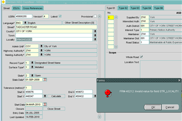 AssetWise Linear Network Management - NSG: Maintain Gazetteer: FRM-40212 invalid value for field ...