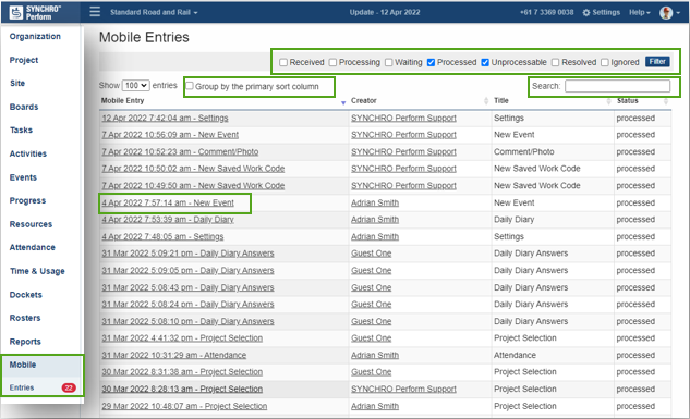 SYNCHRO Construction Solution - Mobile Entries Administration - Communities