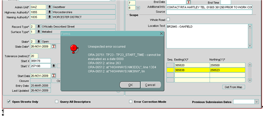 AssetWise Linear Network Management - NSG: Maintain Gazetteer: ORA-20751: TP23-TP23_START_TIME ...