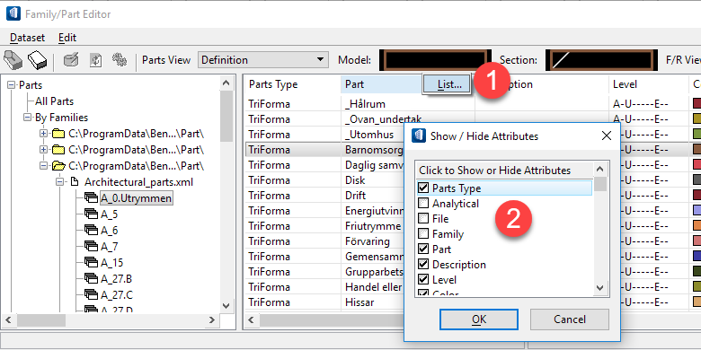 OpenBuildings - Family/Part Editor, storing column display settings ...