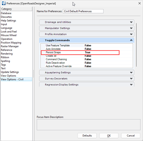 OpenRoads | OpenSite - How to change the default setting on the Feature Definition Toolbar for ...