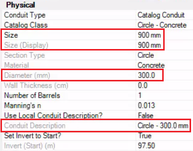 OpenFlows | Water Infrastructure - Conduit diameter and description ...