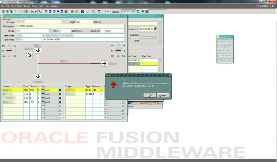 AssetWise Linear Network Management - FRM-40112: Attempted go_item to non enabled item NM_NODE ...