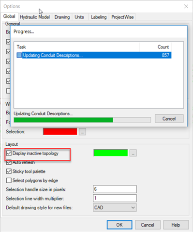 OpenFlows | Water Infrastructure - “Updating conduit descriptions” dialogue when clicked on ...