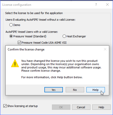 AutoPIPE - Confirm the license change... message appears when using ...