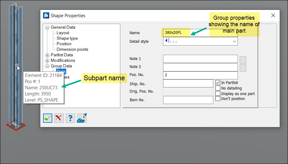 ProStructures - In the group data, sub part properties shows the part ...
