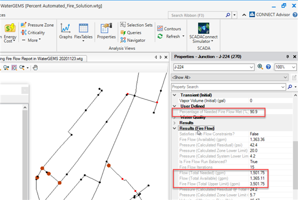 OpenFlows | Water Infrastructure - Viewing percentage of needed fire flow met as a result field ...